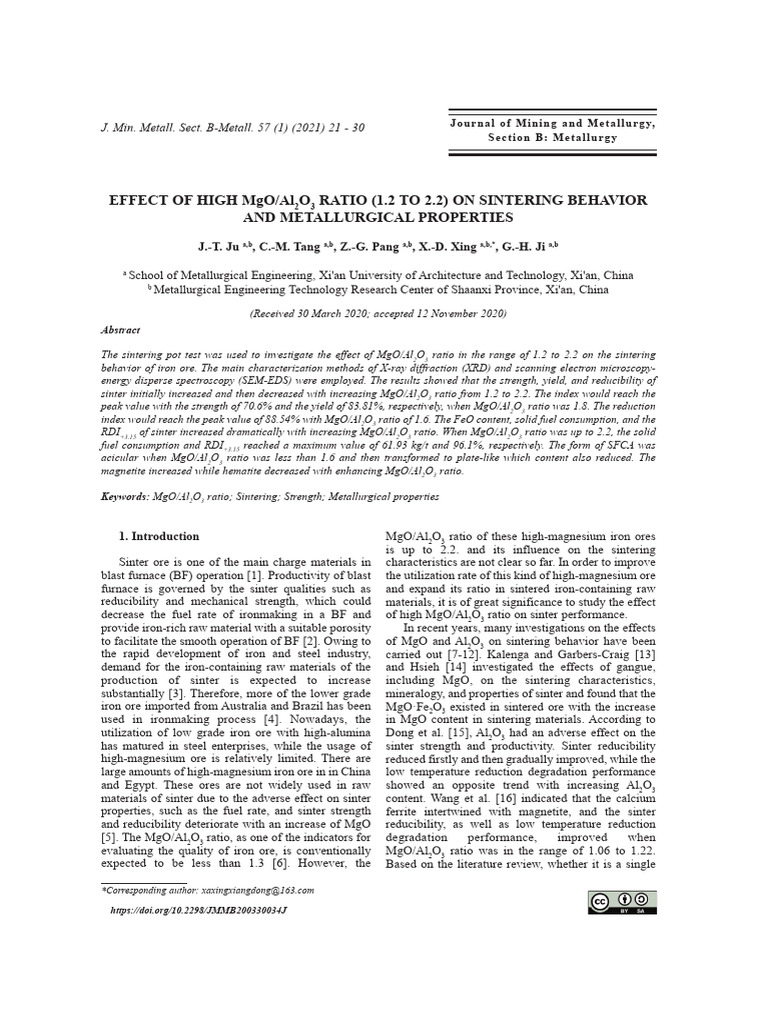 EFFECT OF HIGH MgO - Al2O3 RATIO - 1.2 TO 2.2 ON SINTERING BEHAVIOR AND METALLURGICAL PROPERTIES ...