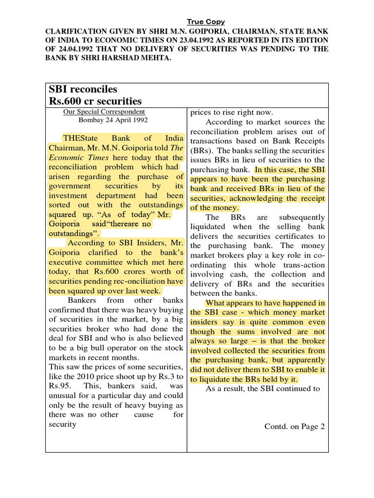 Press Note of Sbi Exh J Sbi Reconciles Rs 600 CR Securities (True Copy ...