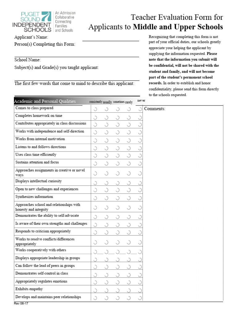 Teacher Evaluation Form for Applicants | PDF | Teachers | Leadership