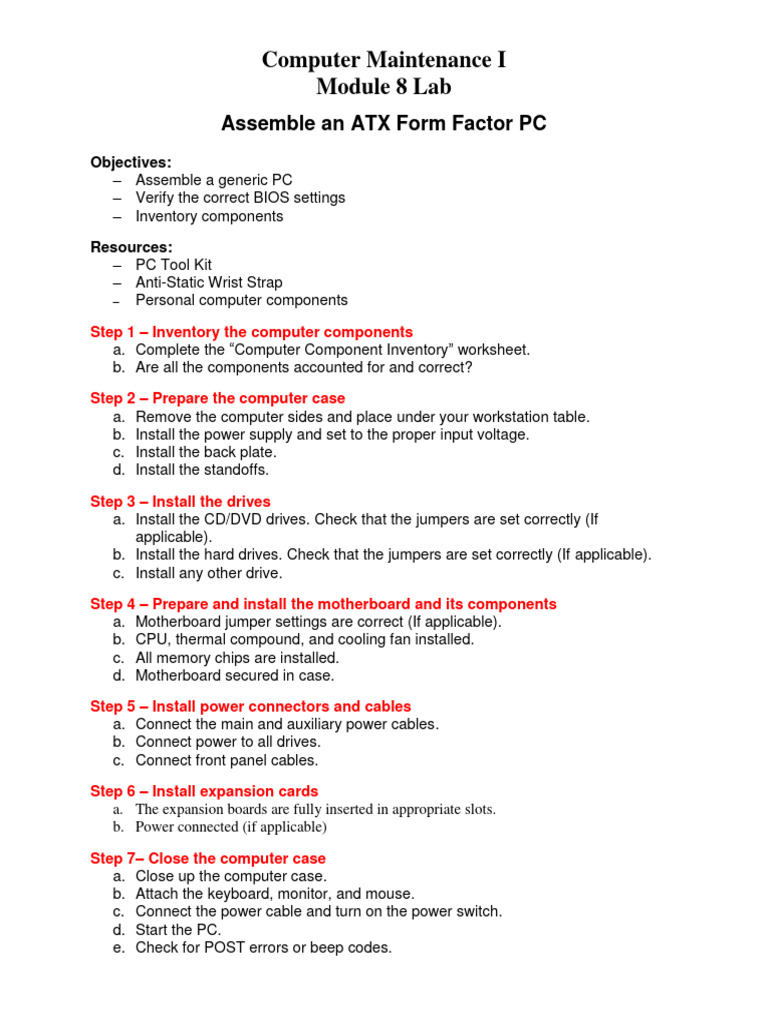Computer Maintenance I Module 8 Lab: Assemble An ATX Form Factor PC | PDF | Personal Computers ...