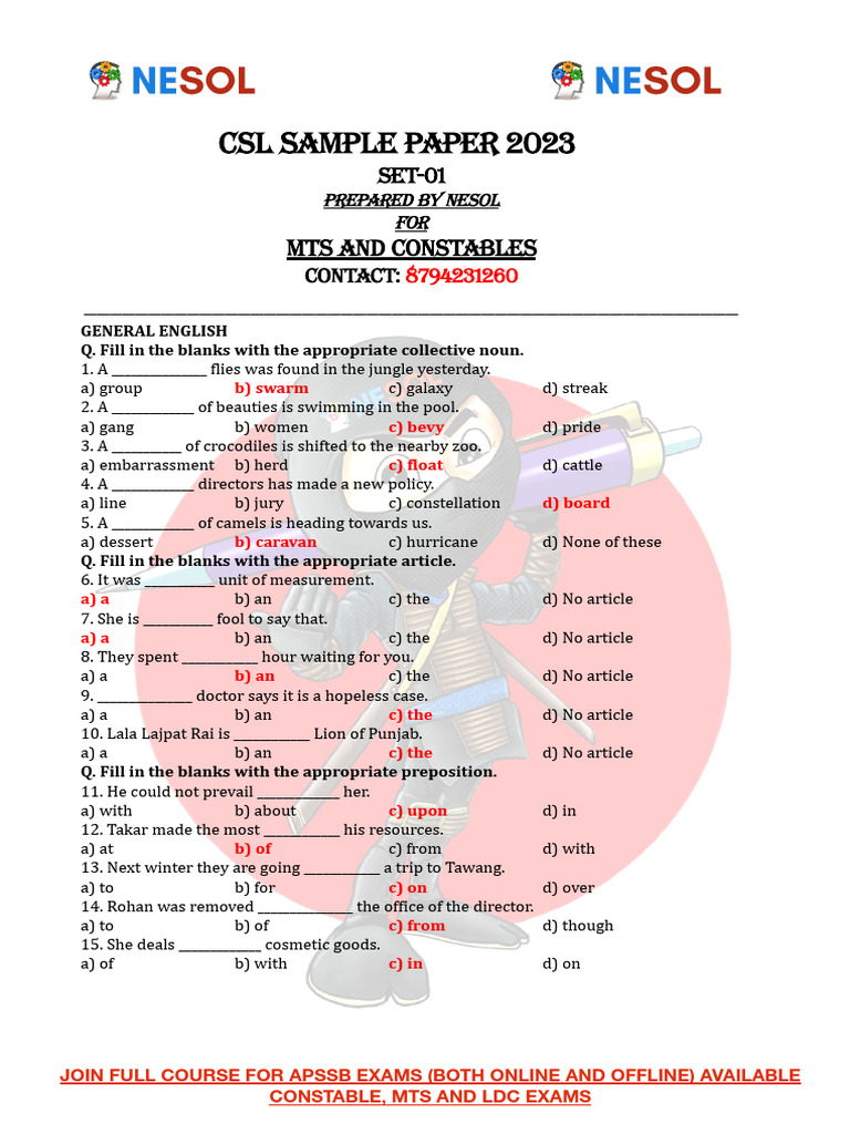 Answer Key of CSL SAMPLE PAPER 1 | PDF | Grammatical Gender | Vocabulary