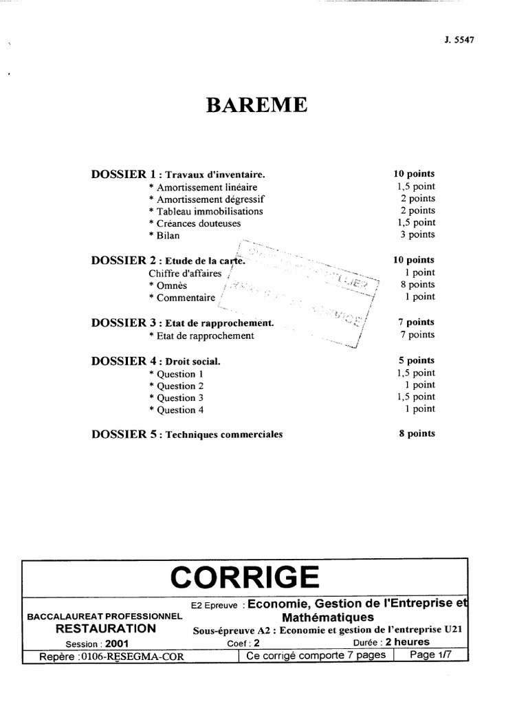 Corrige - BACPRO RESTAURATION - Economie Et Gestion de L Entreprise - 2001 | PDF