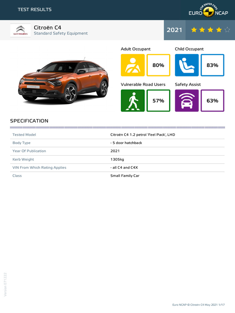 Euroncap 2021 Citroën c4 Datasheet | PDF | Airbag | Car