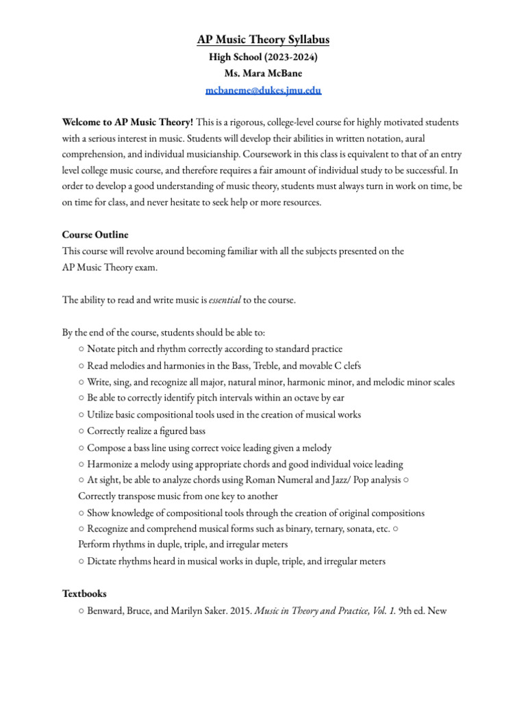 Ap Music Theory Syllabus | PDF | Harmony | Chord (Music)