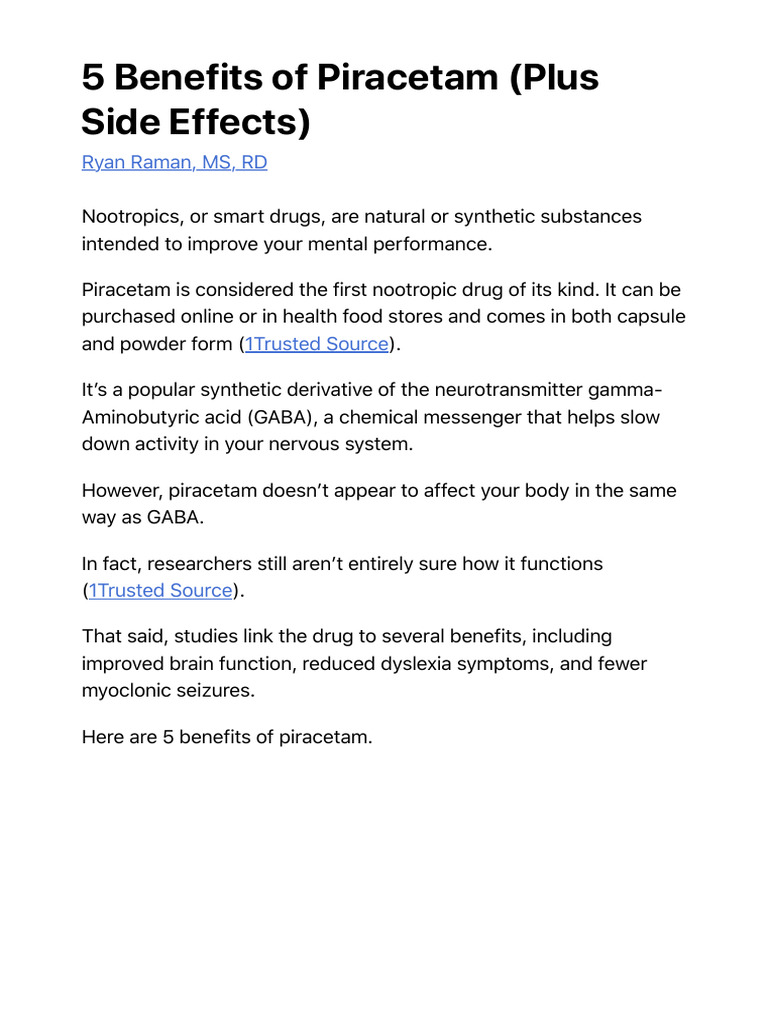5 Benefits of Piracetam (Plus Side Effects) | PDF | Dementia ...