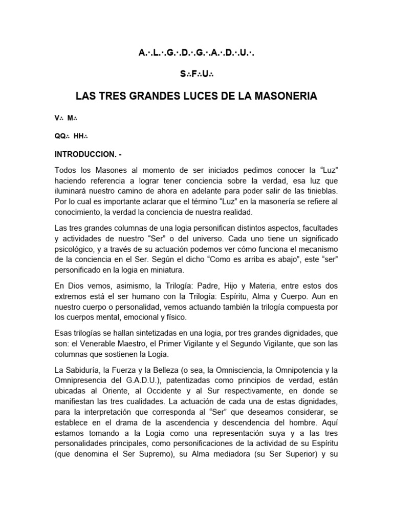 Las Tres Grandes Luces de La Masoneria Corregido | PDF | Masonería | Alma