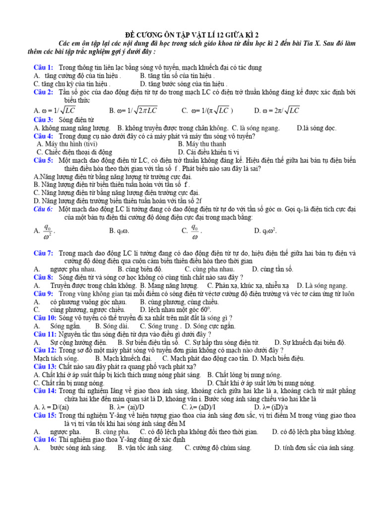 De Cuong Vl12 Giua Ki 2 Hs | PDF