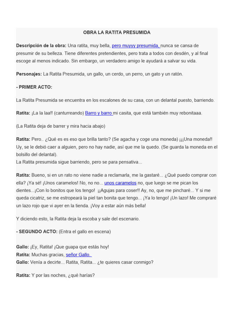 La Ratita Presumida: Obra de Teatro | PDF