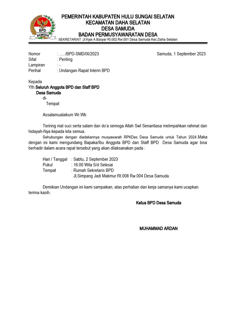 UNDANGAN RKPDes Untuk Tahun 2024 New | PDF