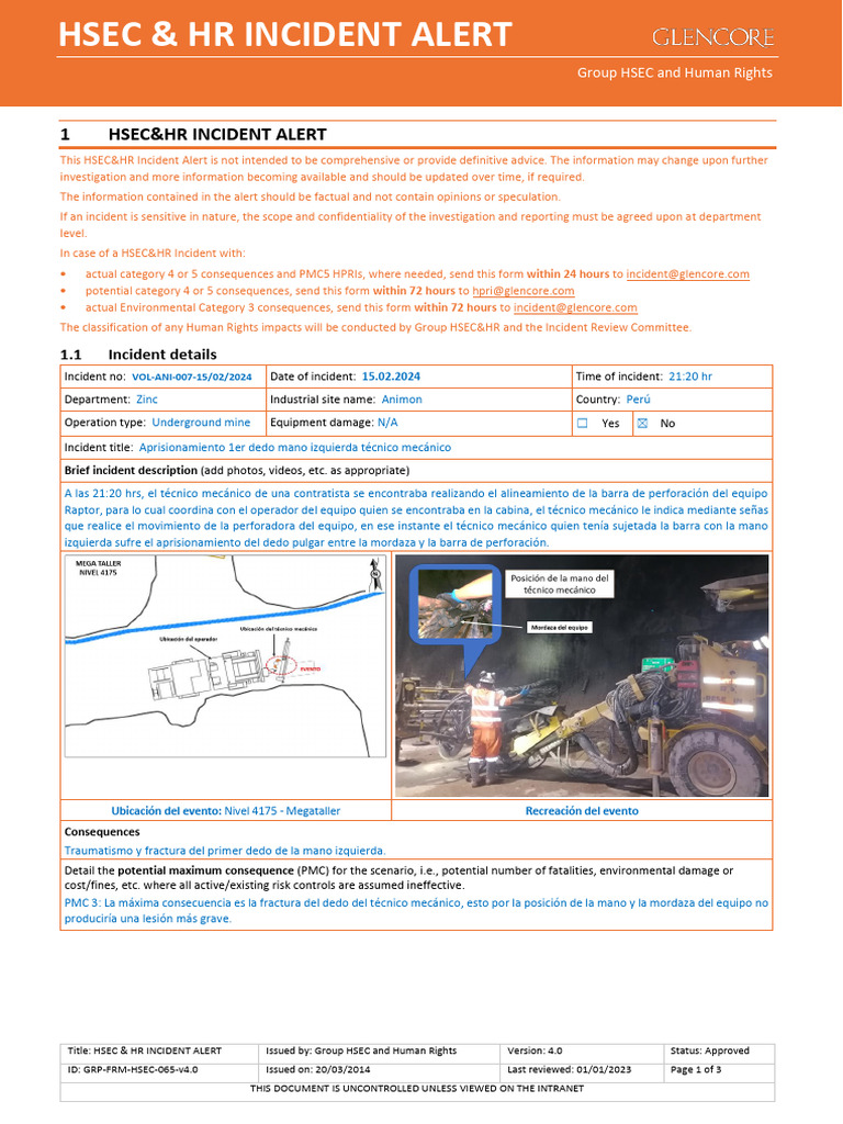 HSEC HR Incident Alert Aprisionamiento Dedo Pulgar Técnico Mecánico 15. ...