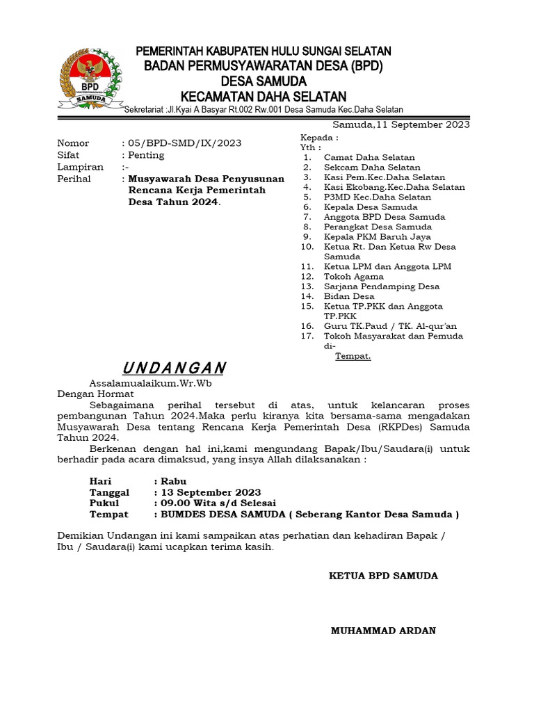 Undangan Musdes RKPDes 2024 Samuda | PDF