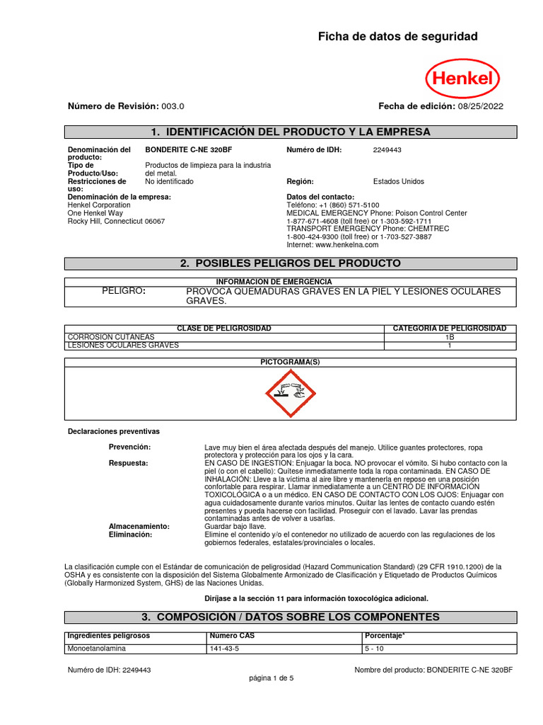 Ficha de Seguridad BONDERITE C-NE 320BF | PDF | Quemar | Vapor