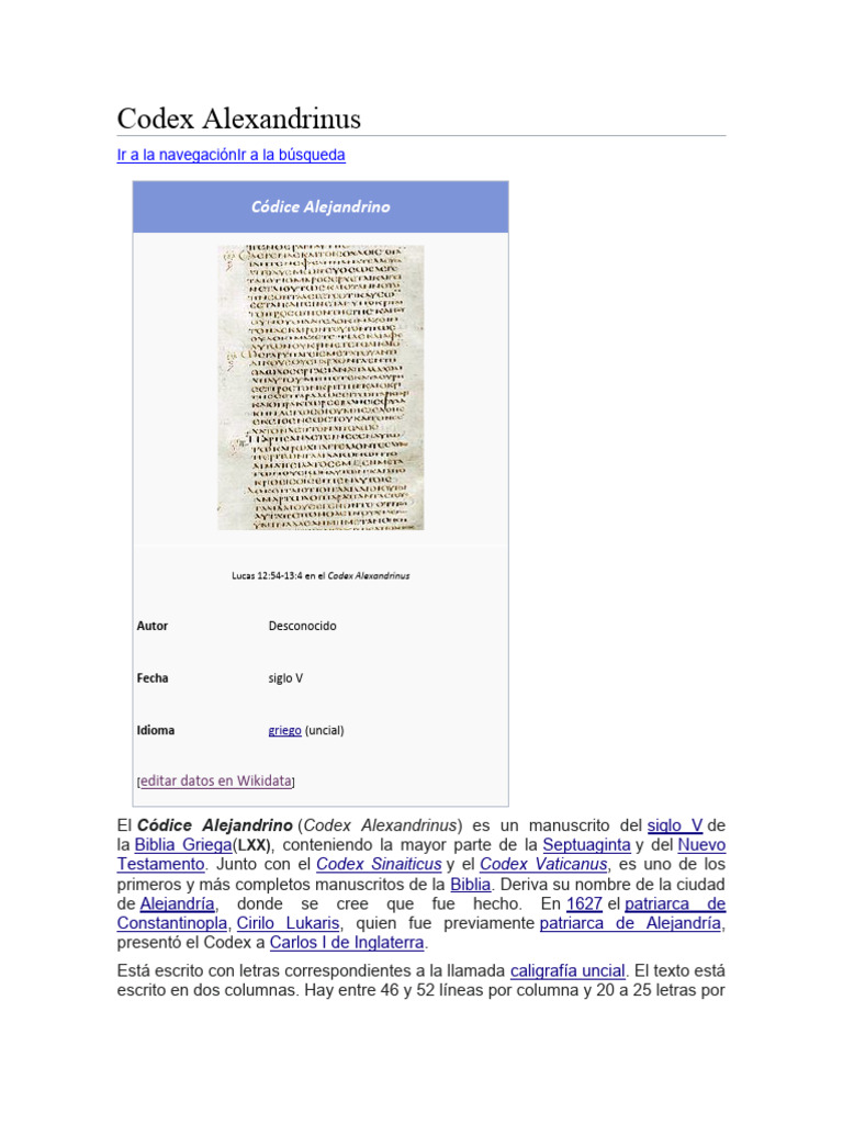 Codex Alexandrinus: Manuscrito Bíblico del Siglo V | PDF | Manuscrito ...