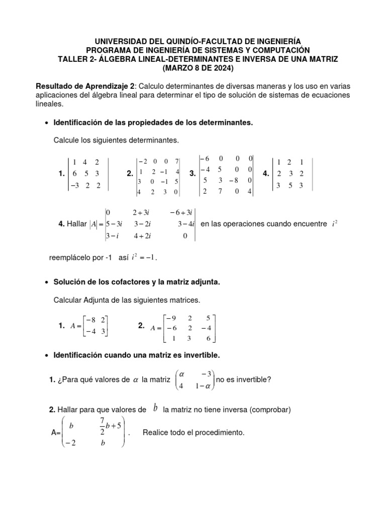 Taller Determinantes e Inversa de Una Matriz - 20241 | PDF ...