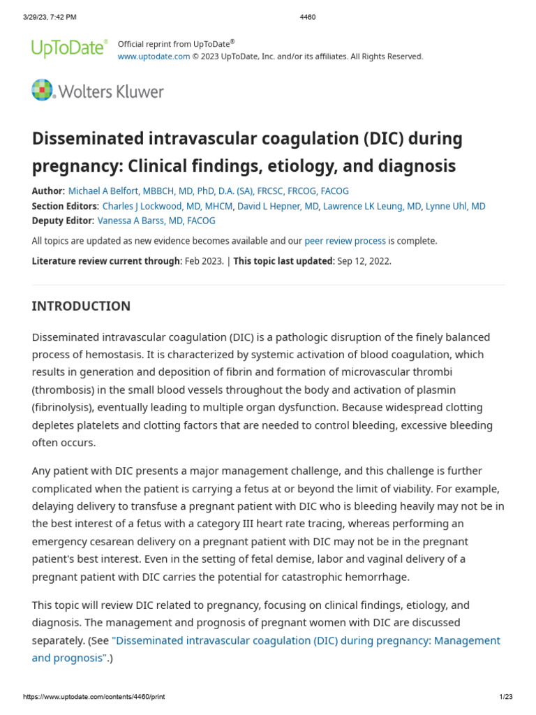 Disseminated Intravascular Coagulation (DIC) During Pregnancy: Clinical ...