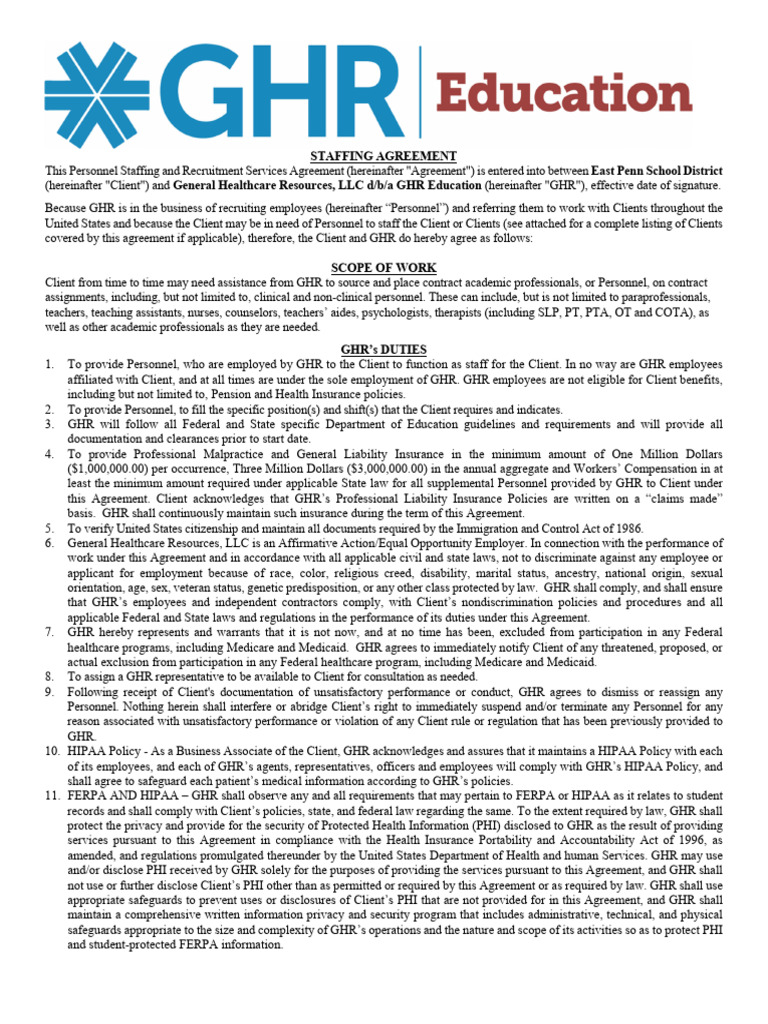Staffing Agreement for Educational Personnel | PDF | Indemnity | Health ...
