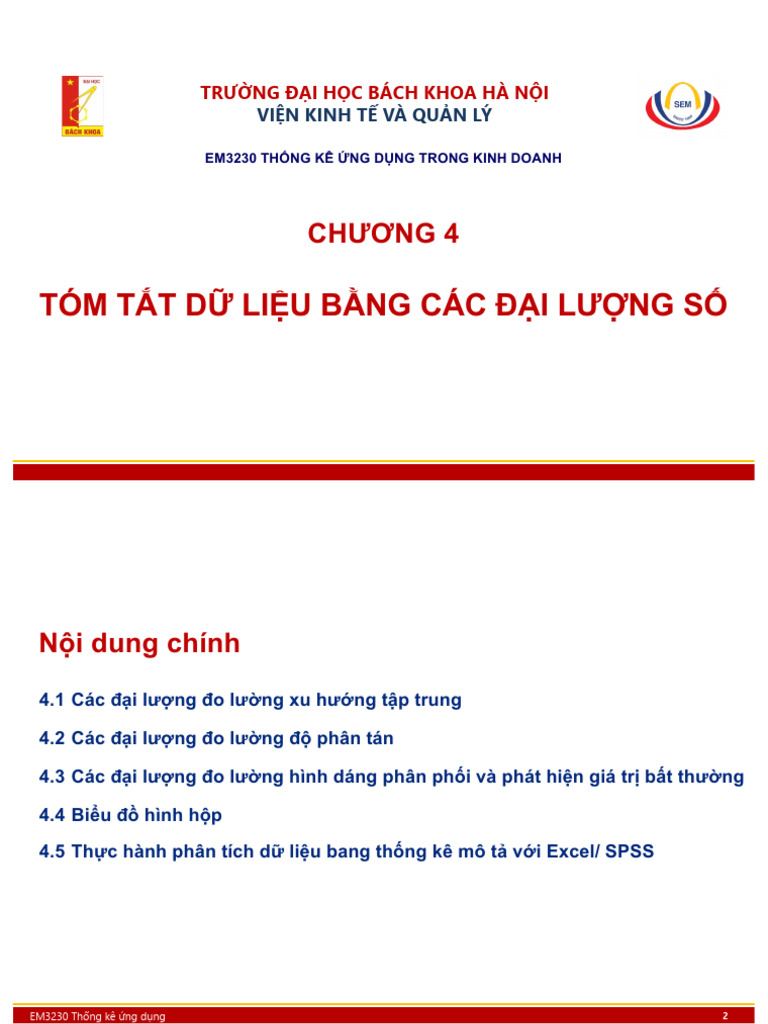 TKUD 20212 Chuong 4 Tom Tat Va Trinh Bay Du Lieu Bang Dai Luong So | PDF