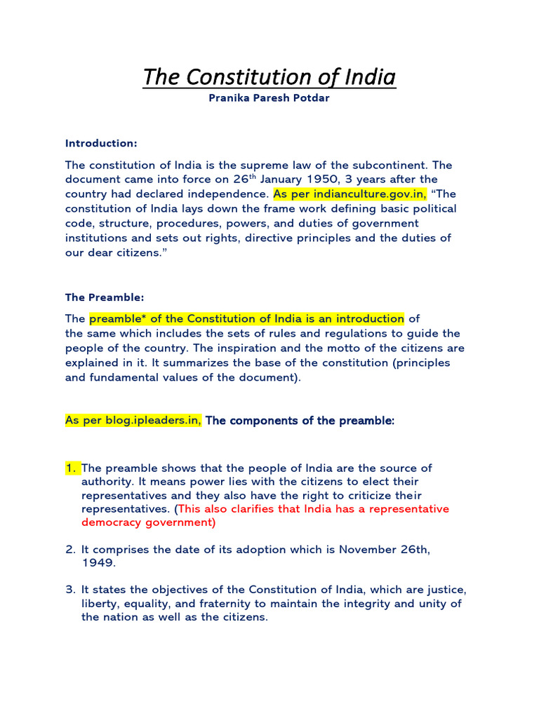 The Constitution of India - Pranika Paresh Potdar 7CS Research | PDF ...