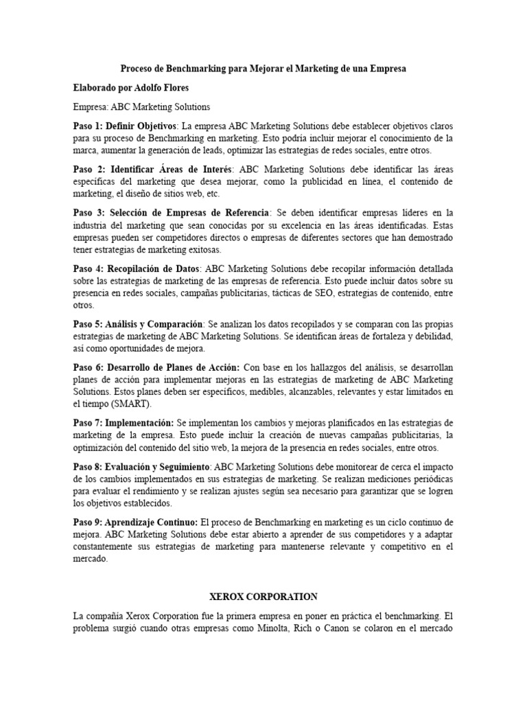 Proceso De Benchmarking Para Mejorar El Marketing De Una Empresa