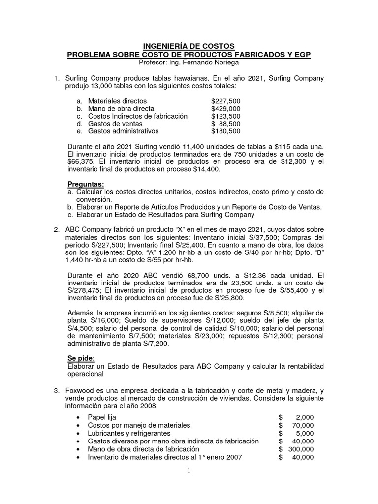 Ejercicios Sobre Costo de Productos Fabricados y EPG | PDF