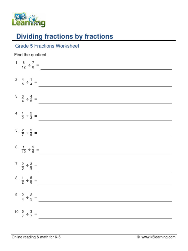 Grade 5 Dividing Fractions by Fractions A | PDF | Division (Mathematics ...