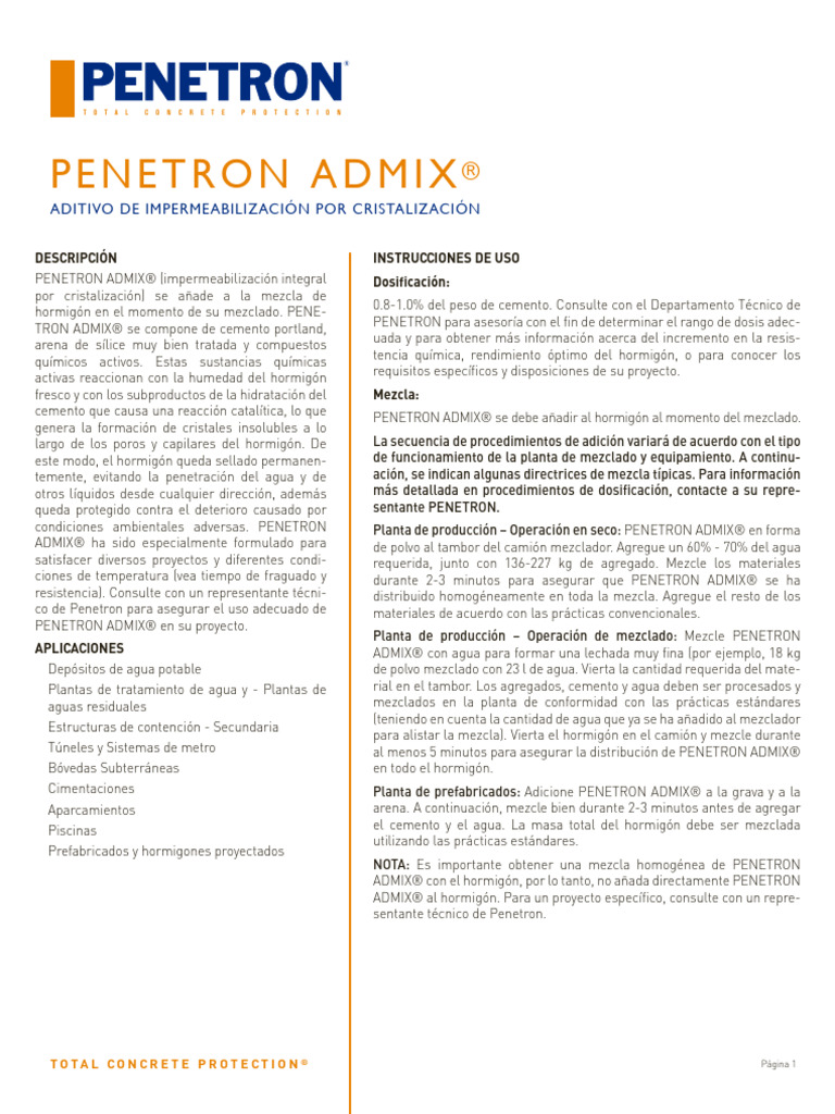 Penetron Admix Data Sheet | PDF | Hormigón | Cemento