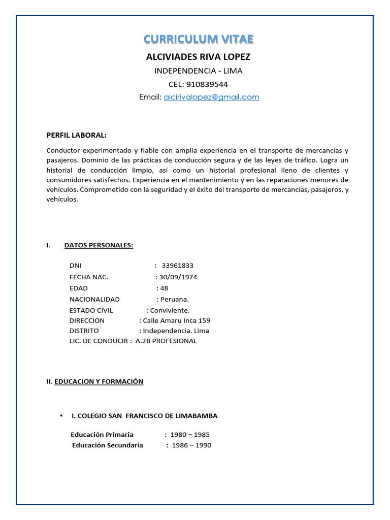 CV - Alciviades Riva Lopez | PDF | Documento de identidad