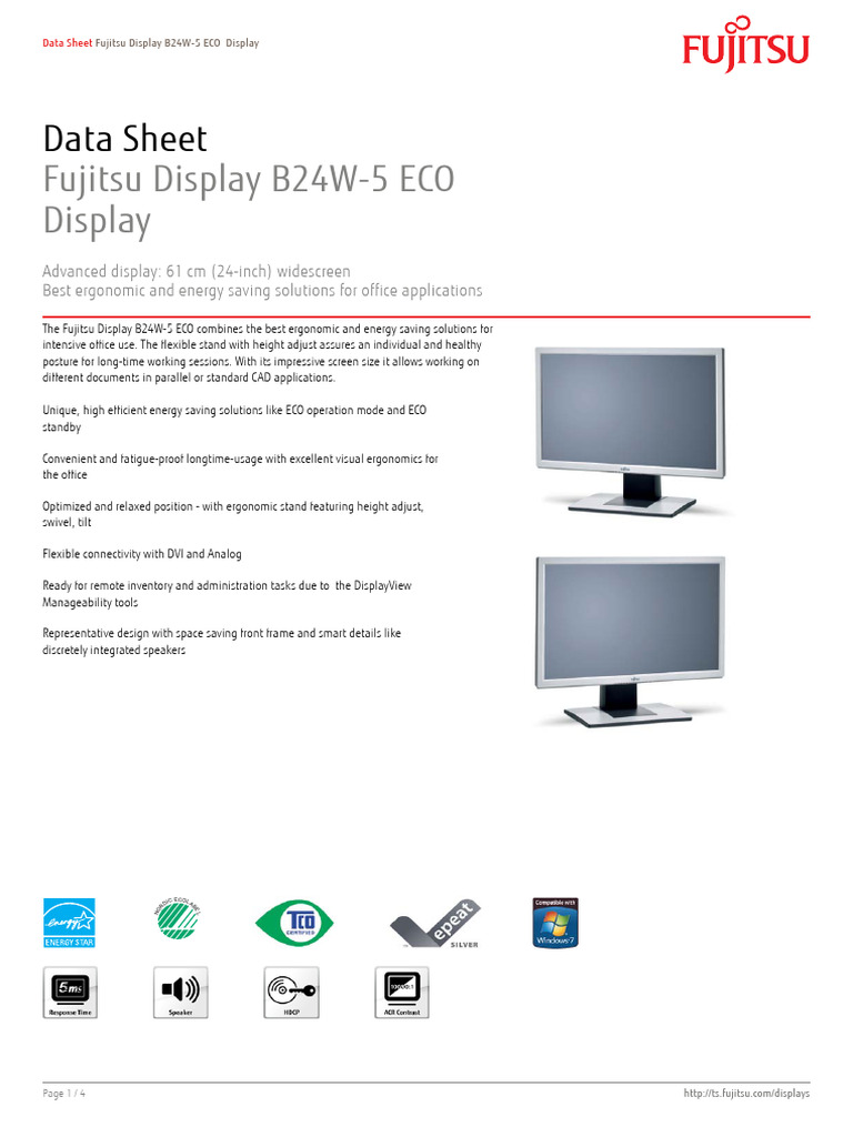 Fujitsu Display B24W-5 ECO Display: Data Sheet | Download Free PDF ...