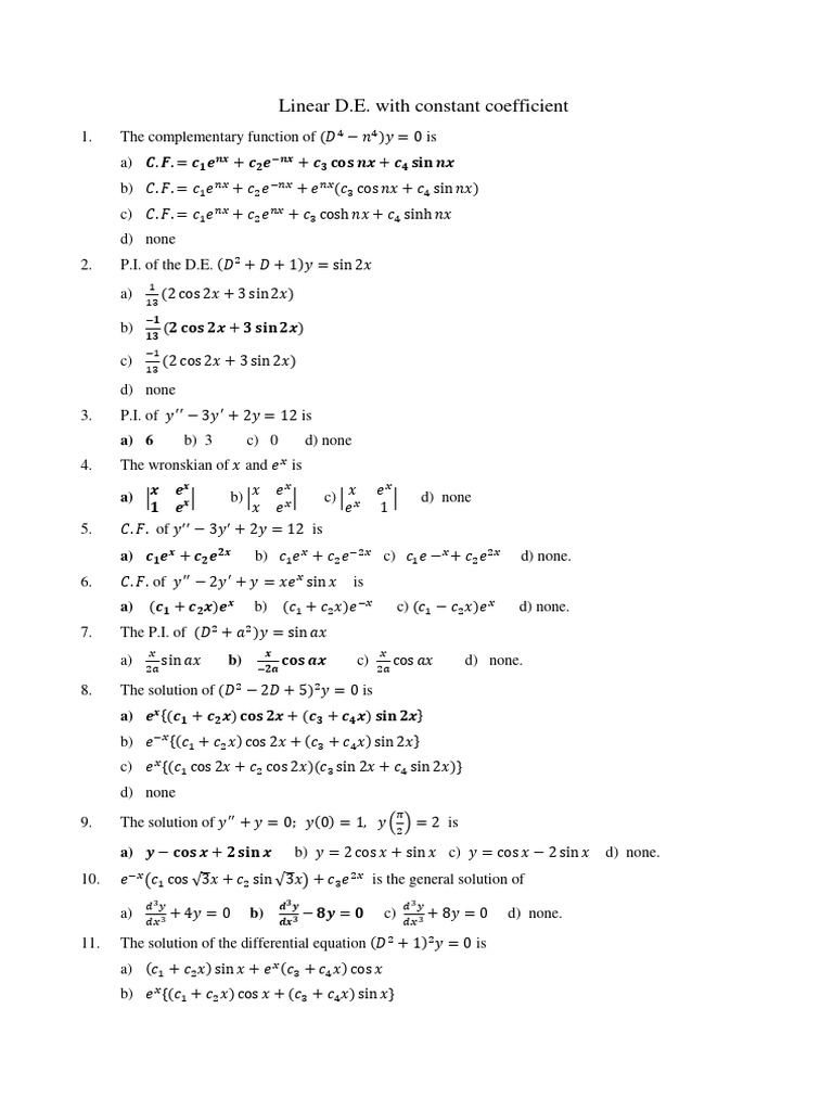 MCQ - S On LDE With Constant Coefficient | PDF | Algebra | Mathematical ...