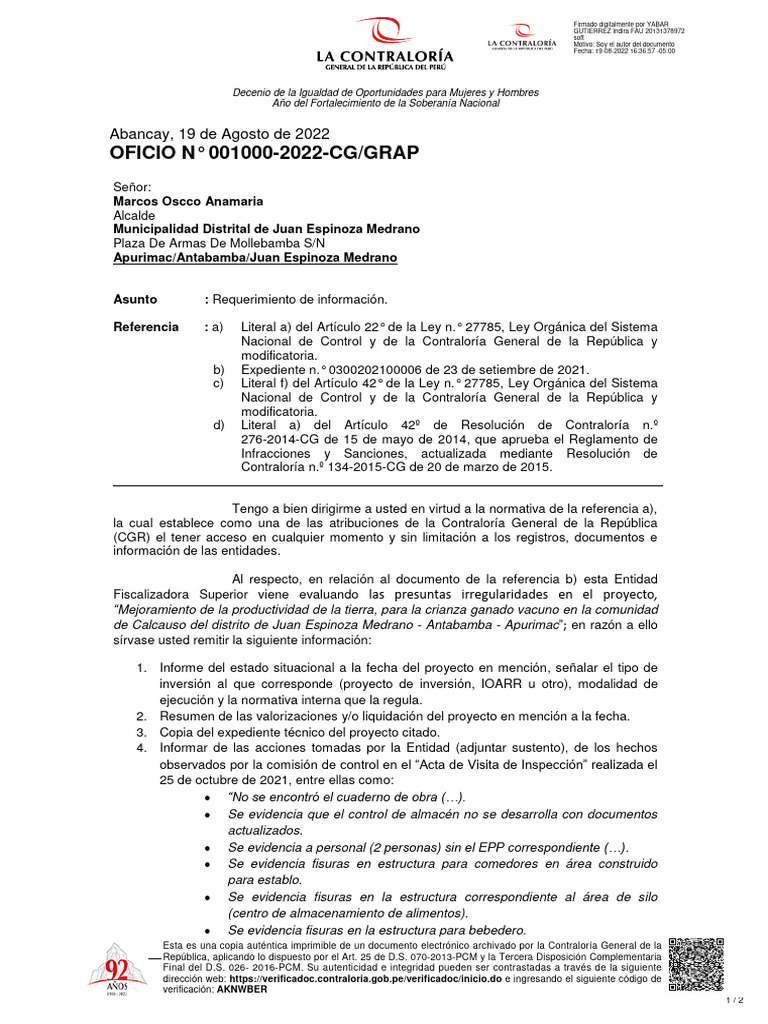 Oficio-001000-2022-CG-GRAP Req | PDF | Gobierno