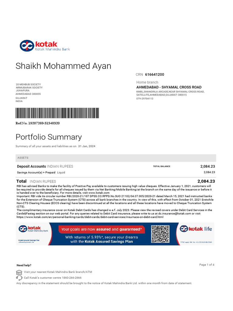 Kotak Bank Account Summary January 2024 | PDF | Banks | Cheque