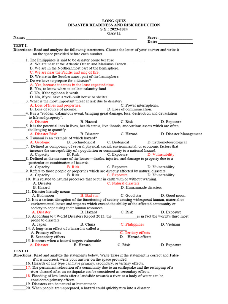 Long Quiz in DRRR 11 | PDF | Hazards | Natural Disasters