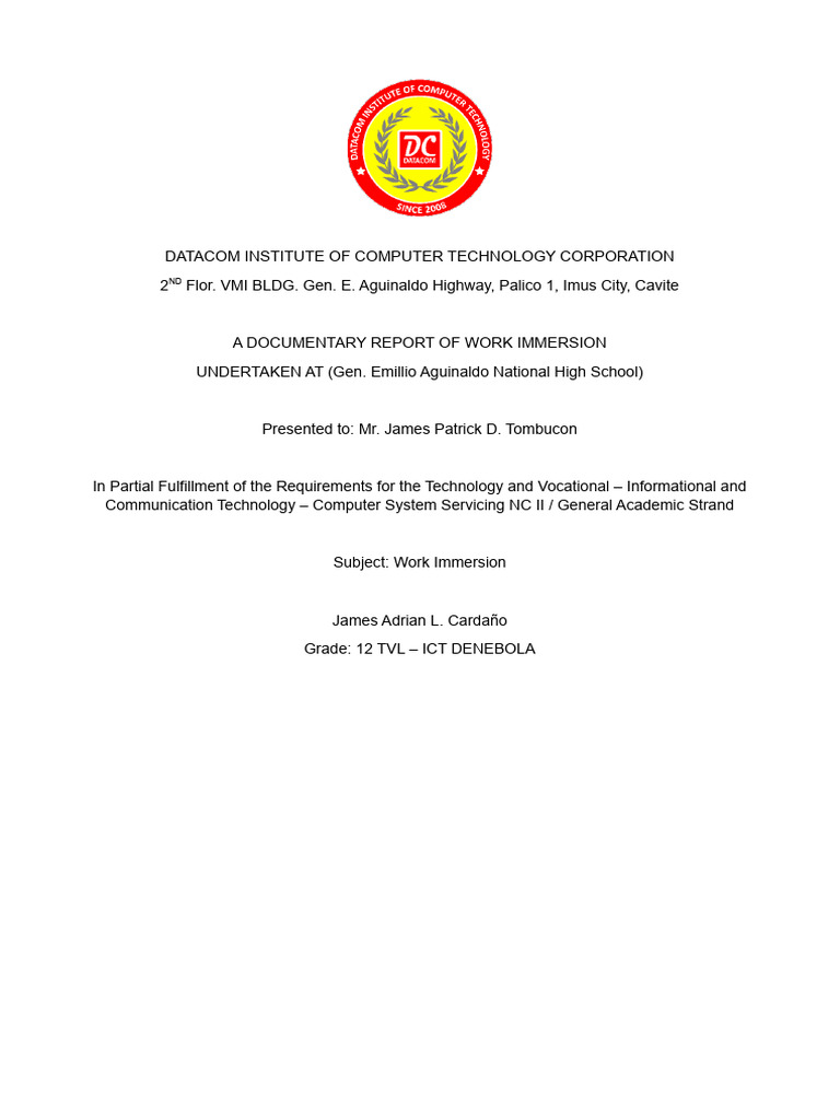 James Adrian L. Cardaño 12 TVL ICT Denebola Work Immersion Portfolio ...