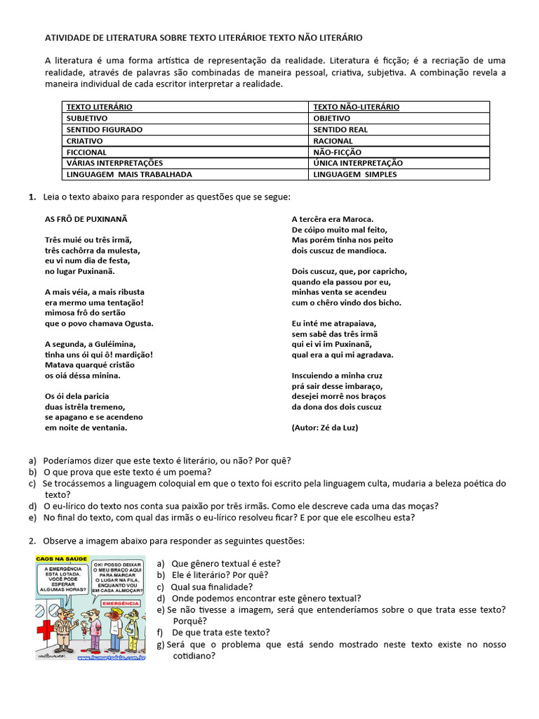 Eja - Atividade de Literatura Sobre Texto Literárioe Texto Não ... Eja - Atividade de Literatura Sobre Texto Literárioe Texto Não ...