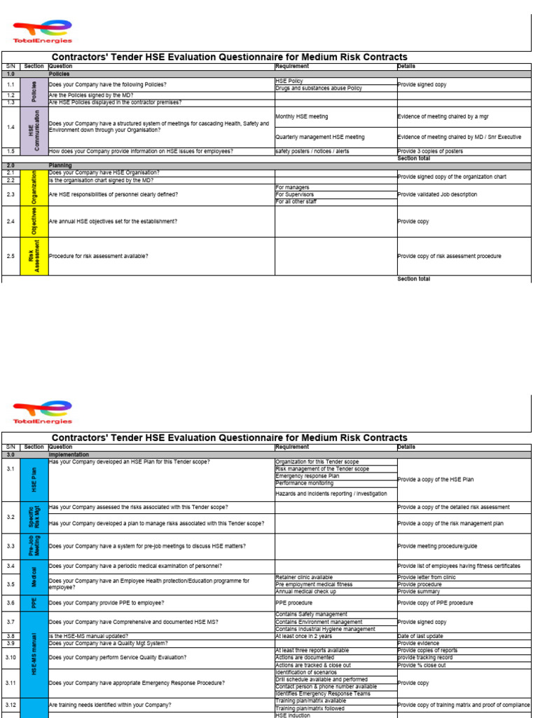 HSE Tender Evaluation Questionnaire - Templates | PDF | Risk | Audit