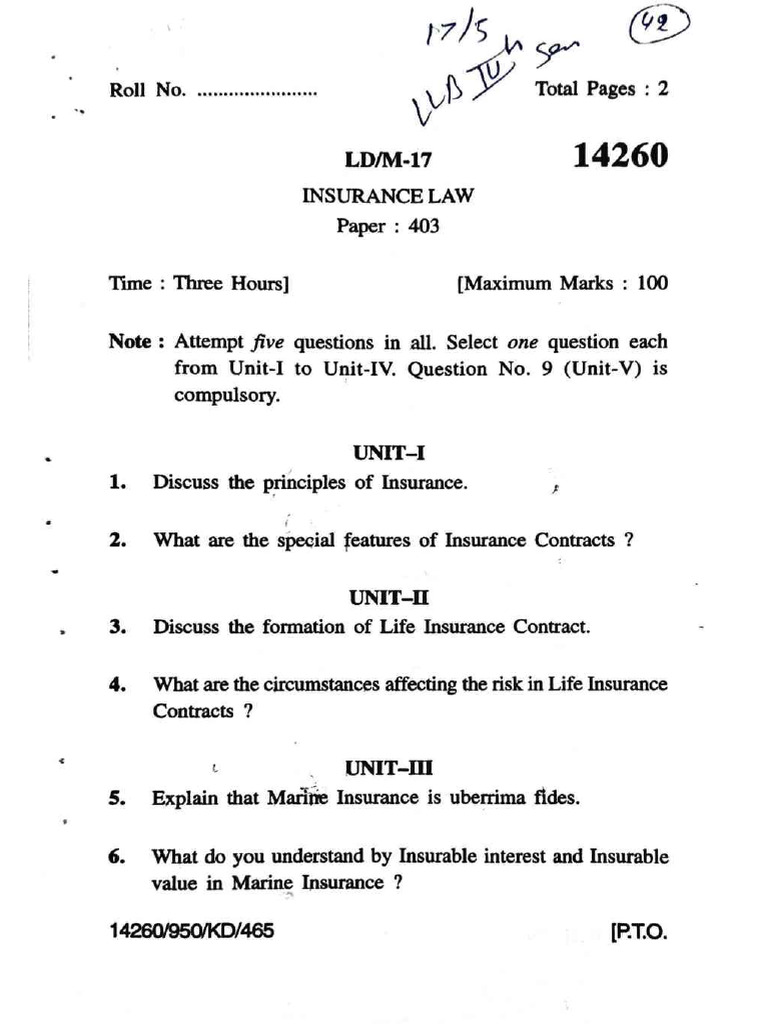 Insurance Law PAPER 2017 | PDF