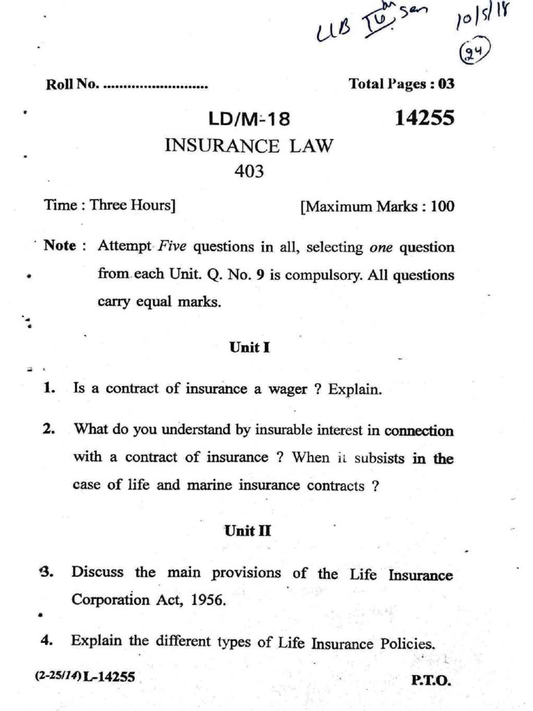 Insurance Law PAPER 2018 | PDF