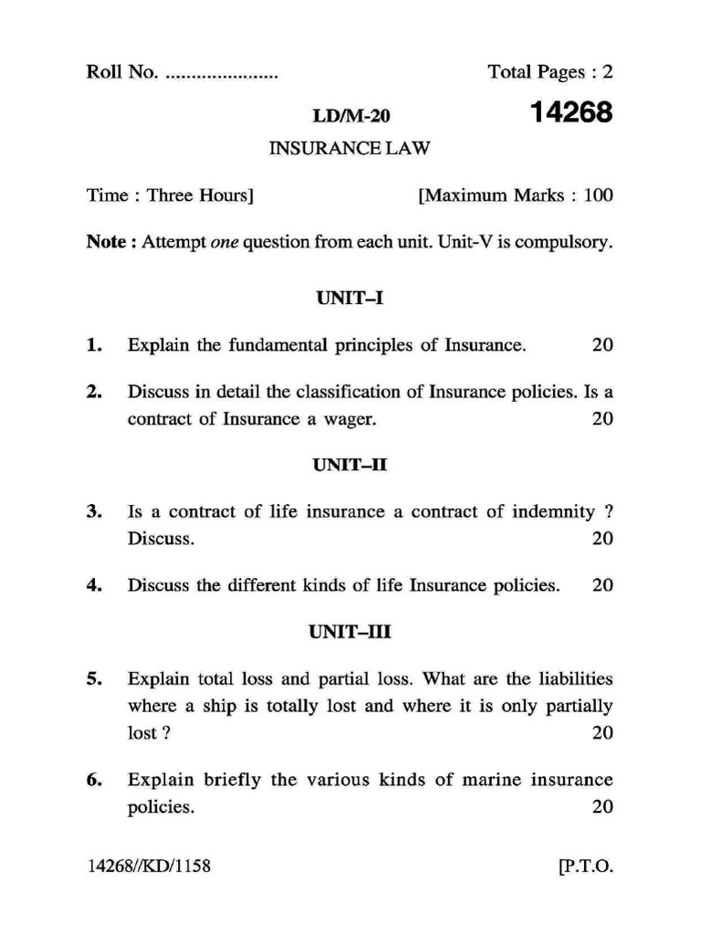 Insurance Law PAPER 2020 | PDF