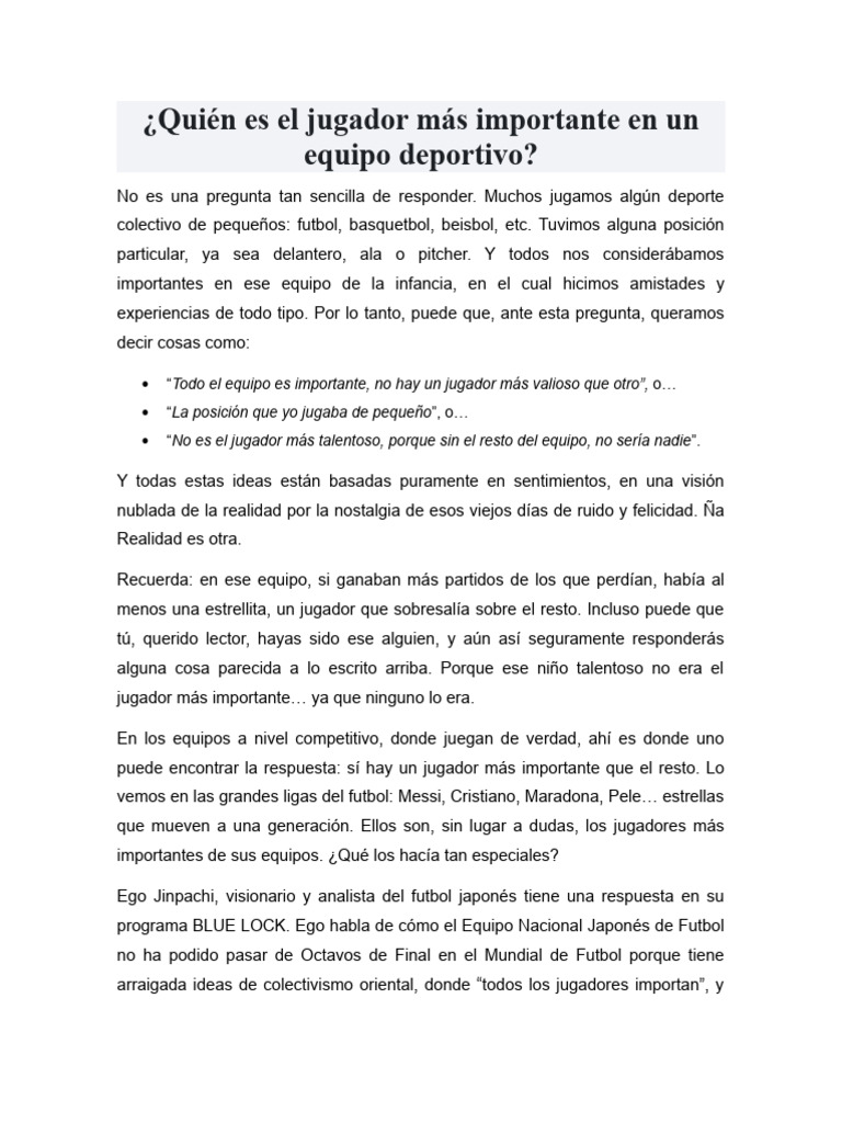 Ensayo Jugador Más Importante | PDF | Asociación de Futbol