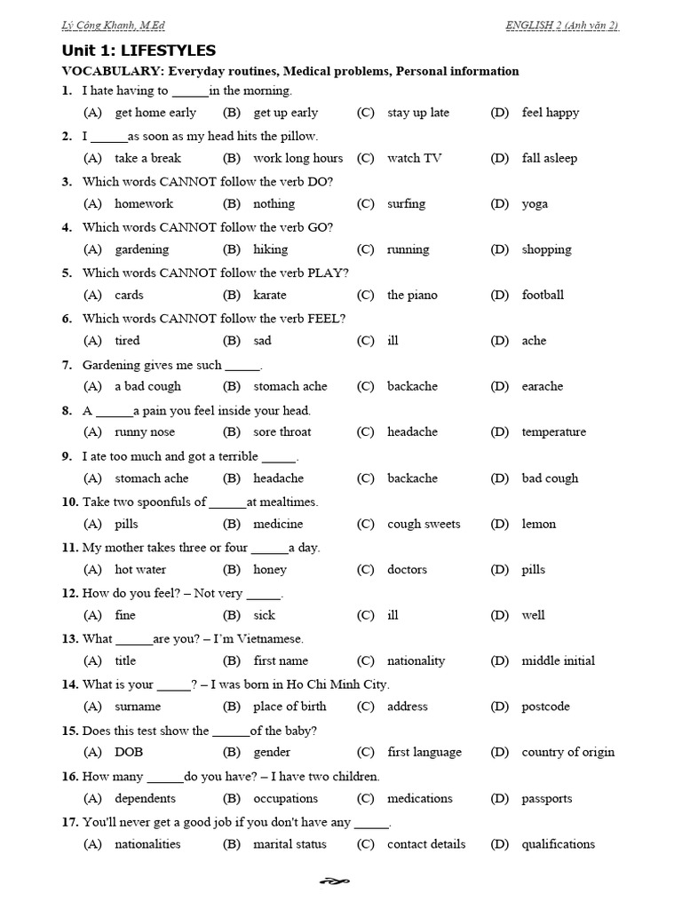 Anh Văn 2 (LIFE A2-B1) - Vocab Grammar Exercises (Đáp Án) | PDF