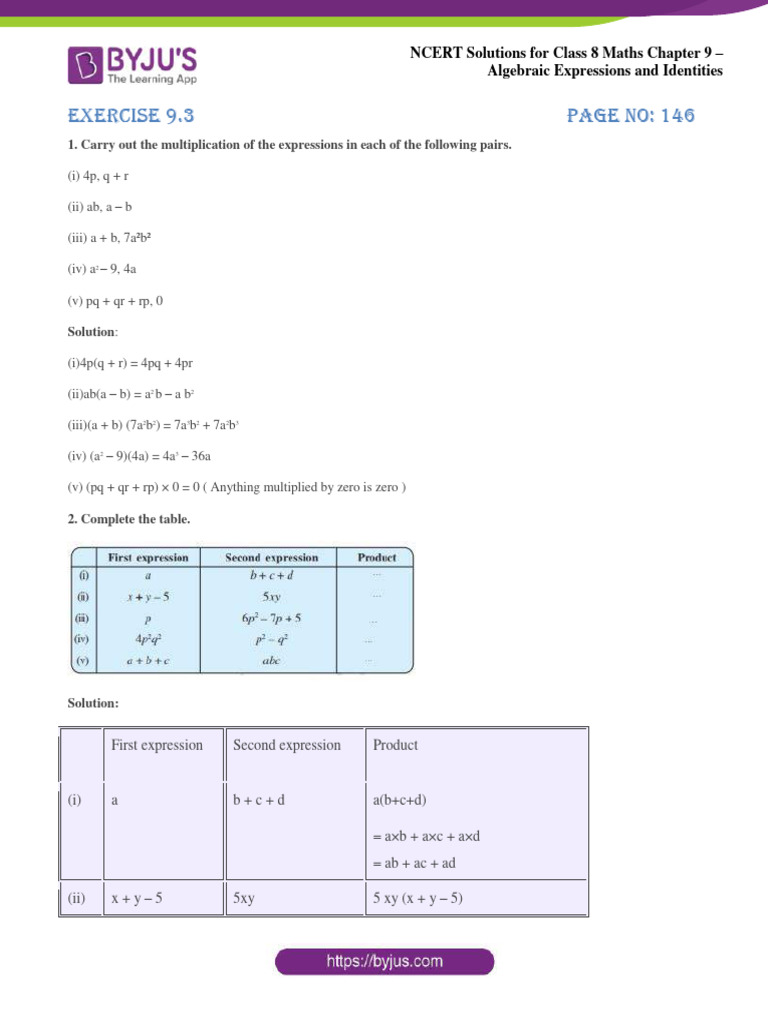NCERT Solutions For Class 8 Maths Chapter 9 Algebraic Expressions and Identities Exercise 9.3 ...