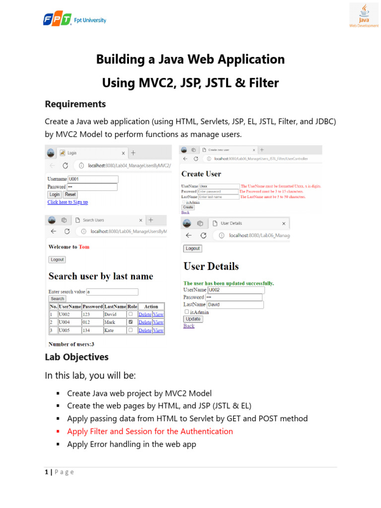 Lab07 ManageUsersByMVC2 JSTL Filter | PDF | Web Application | Java (Programming Language)