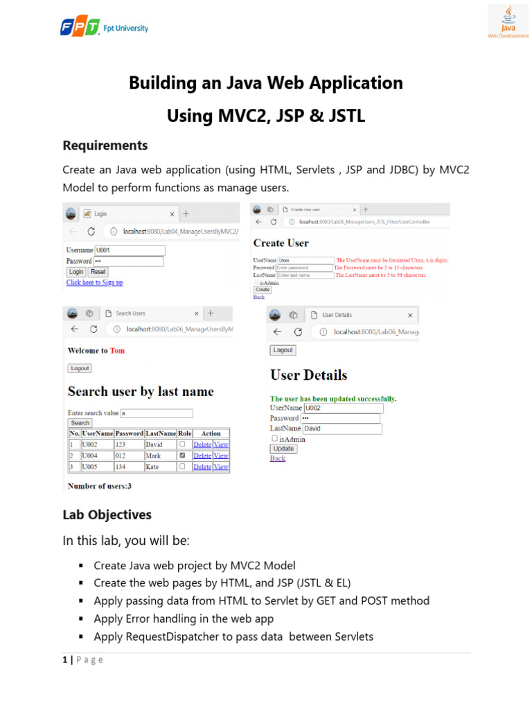 Lab06 ManageUsersByMVC2 JSTL | PDF | Java (Programming Language) | Web Application
