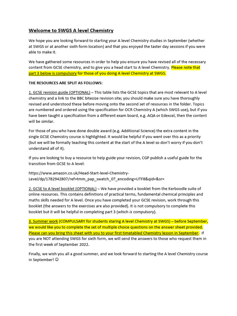 Yr 12 Chemistry Summer Work 2022 | PDF | Atoms | Chemical Elements
