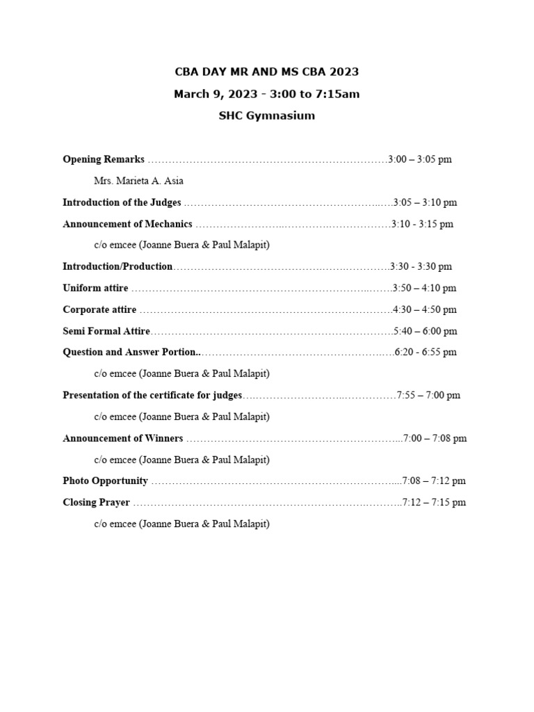 Mr. and Ms. CBA 2023 Event Schedule | PDF
