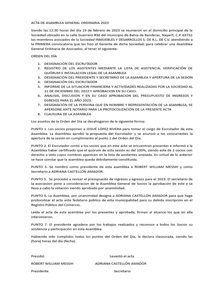 Acta de Asamblea Ordinaria y Extraordinaria | PDF | Gobierno