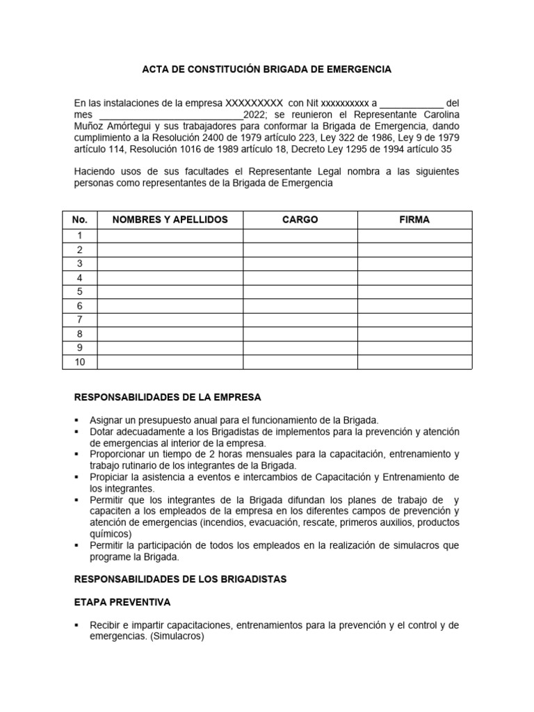 ACTA DE CONSTITUCIÓN BRIGADA DE EMERGENCIA Nov 13 2022 | PDF | Negocios | Ciencia y matemáticas
