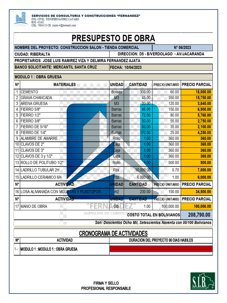 PRESUPUESTO DE OBRA | PDF
