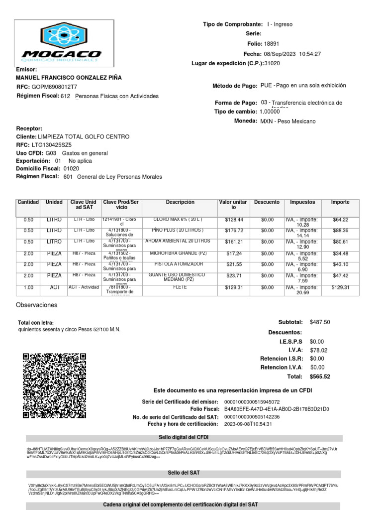 Factura de limpieza y desinfección | PDF | Dinero | Moneda