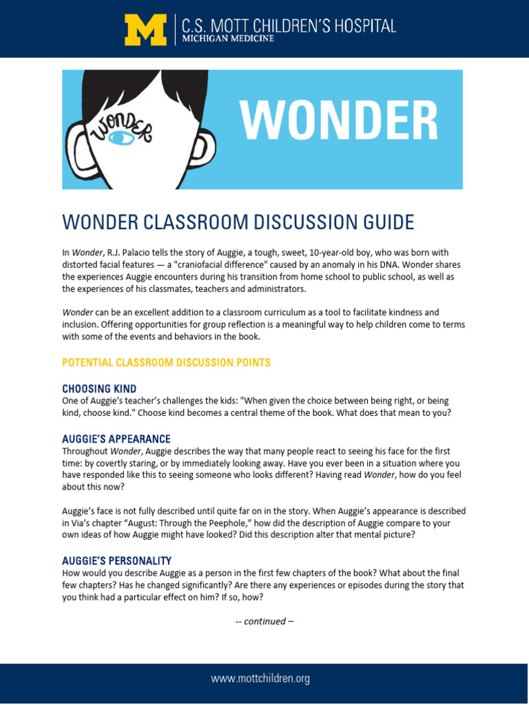 Wonder Classroom Discussion Guide | PDF | Psychology | Psychological ...